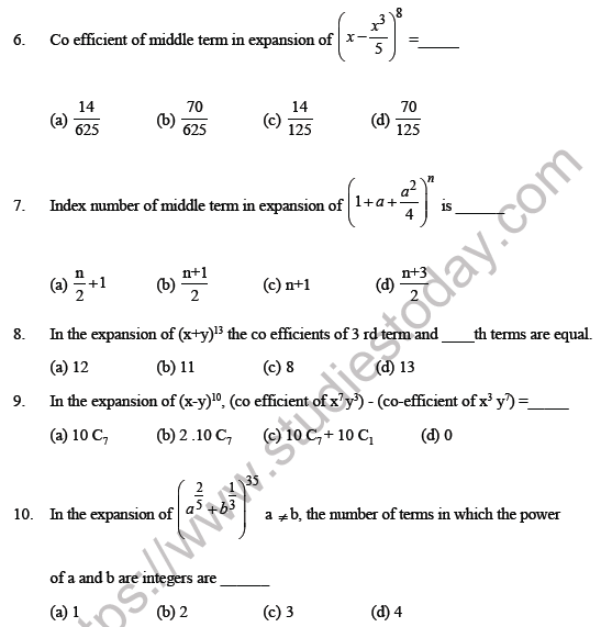 JEE Mathematics Binomial Theorem MCQs Set A with Answers